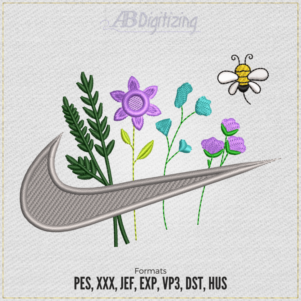 Floral Swoosh with Flying Bee Embroidery Design | ABDigitizing