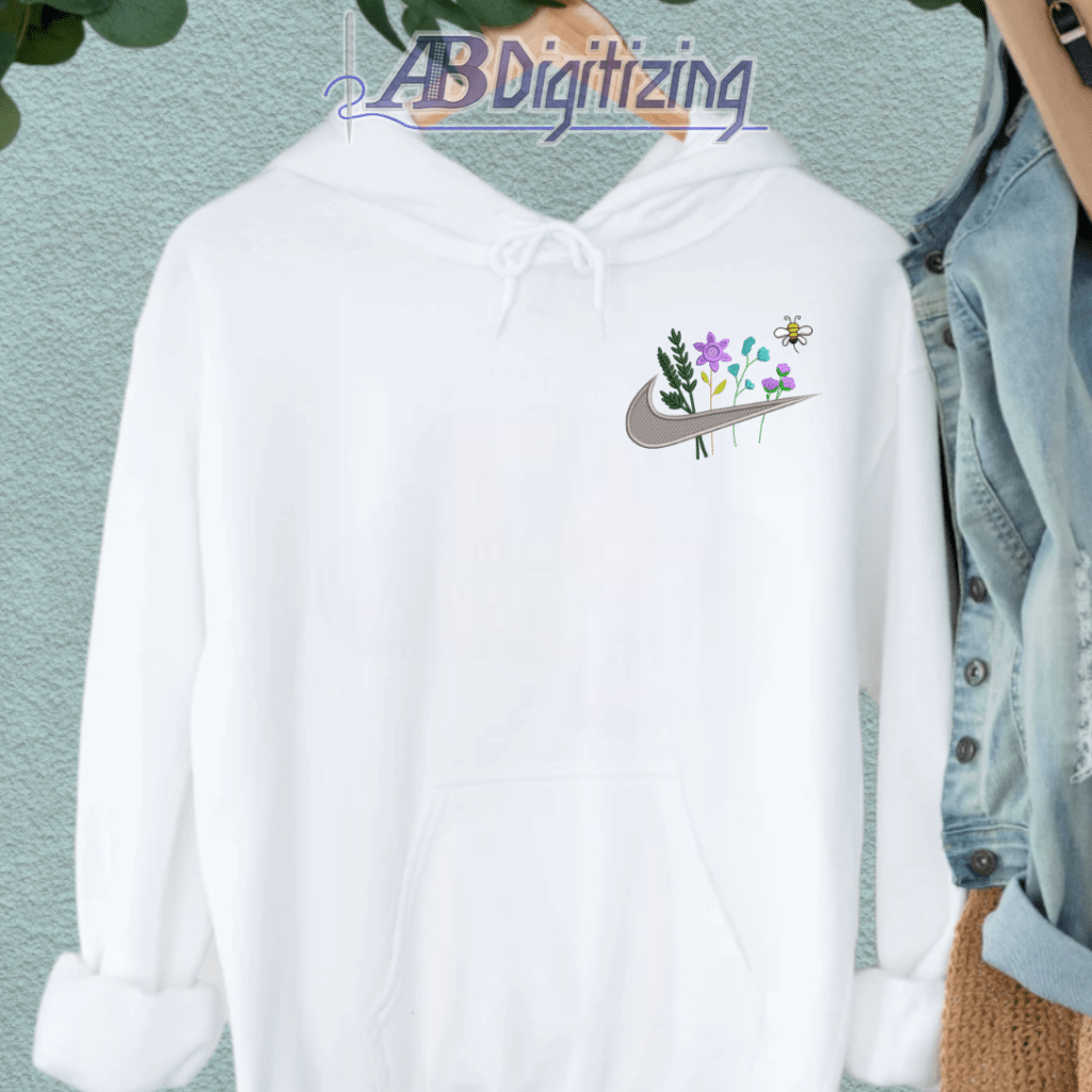 Floral Swoosh with Flying Bee Embroidery Design | ABDigitizing