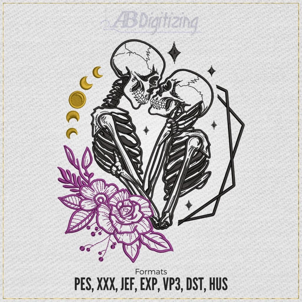 Floral Skeleton Love Embroidery Design | ABDigitizing